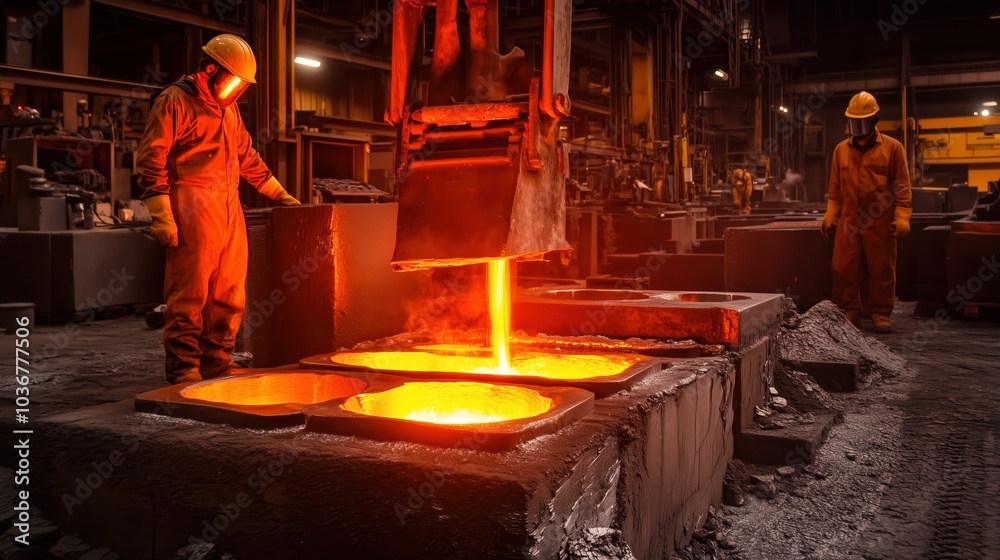 An engineer monitors the pouring of molten metal into molds in a ...