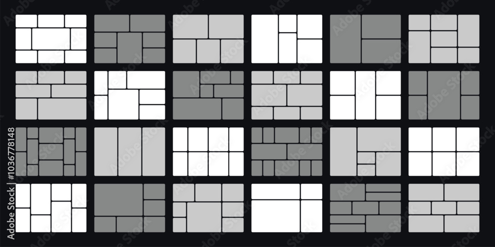 Bento grid layouts. Geometric tiles pattern, trendy frames arrangements ...