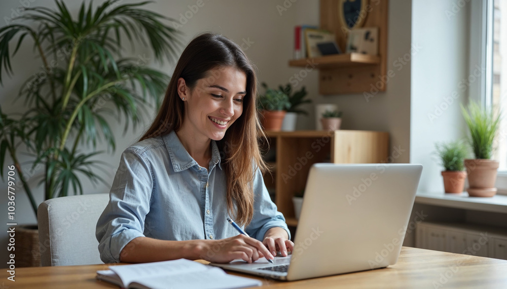 Young woman, girl student using laptop elearning or remote working at home office using laptop ...