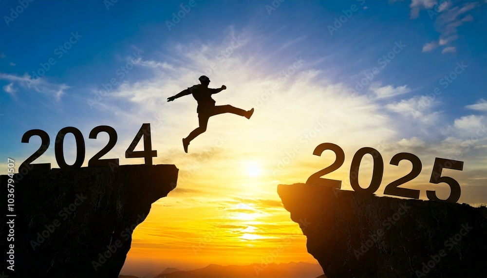 Happy new year 2025,Silhouette BusinessMan jumping from 2024 cliff to ...