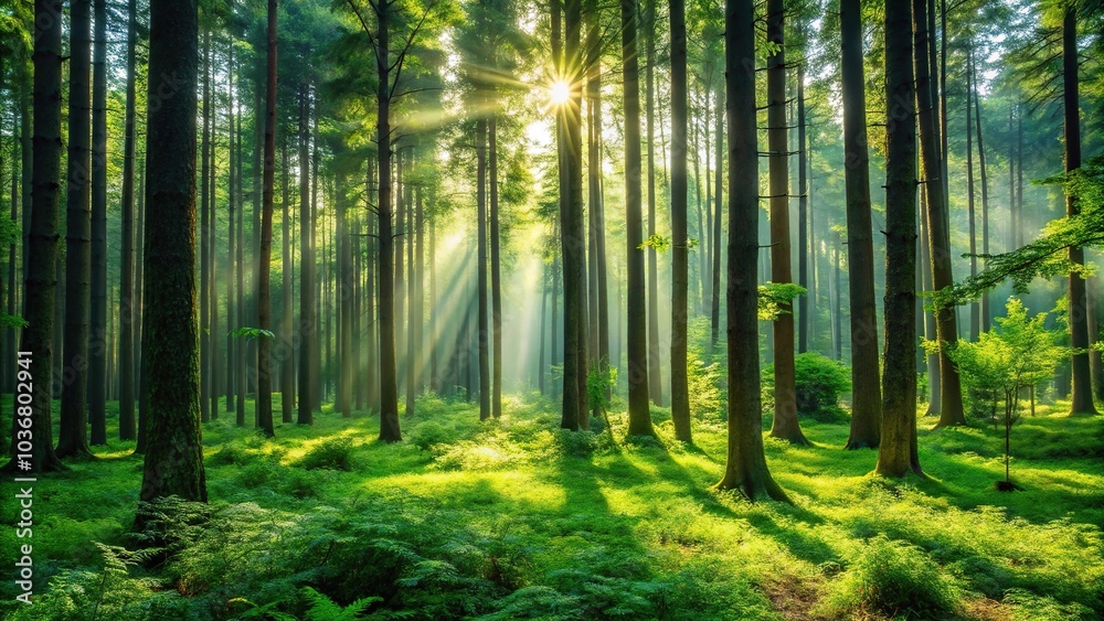 Panoramic view of a dense forest with tall trees and green vegetation ...