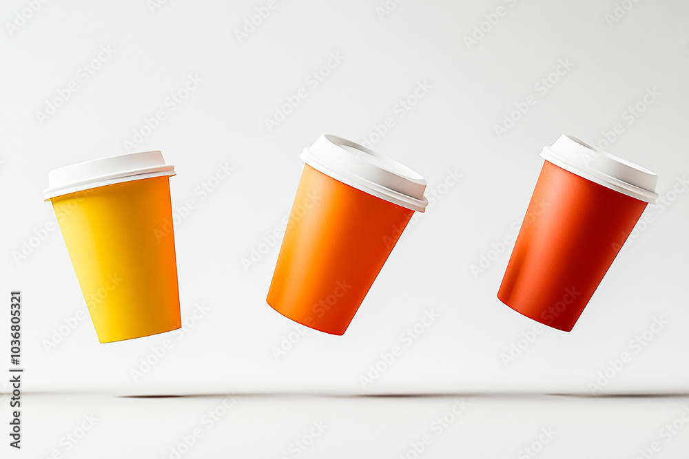 3D rendered floating orange and red paper cups with white lids ...