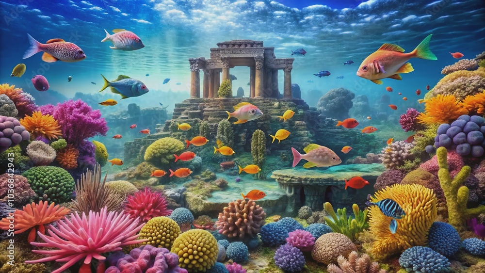 Vibrant coral reefs teeming with marine life surround ancient ruins ...