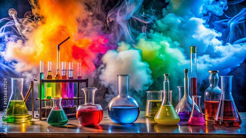 Colorful science laboratory setup with beakers, test tubes, and ...
