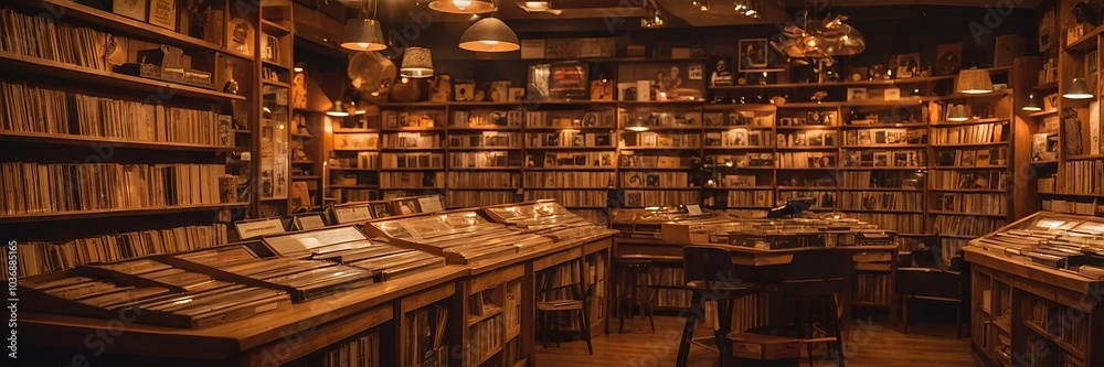Cozy retro record shop interior with floor-to-ceiling wooden shelves ...