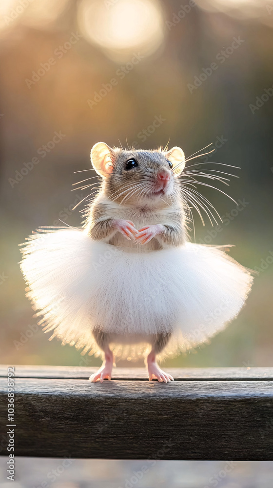 Tiny rat dressed as a ballet dancer posing gracefully in an outdoor ...