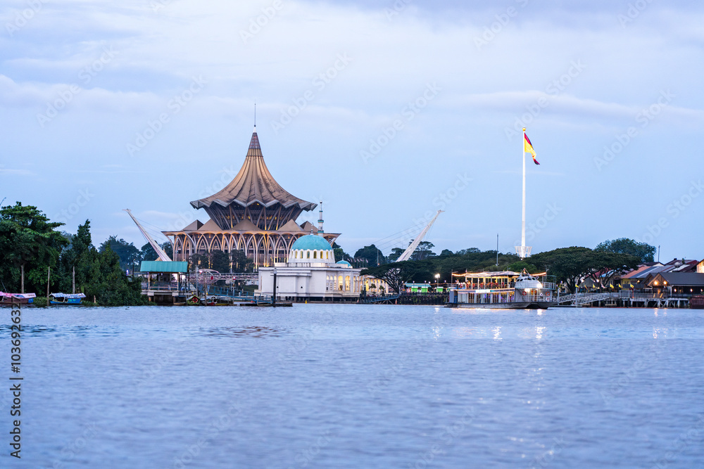 Kuching skyline with Indian Mosque (Masjid India), Legislative Assembly ...