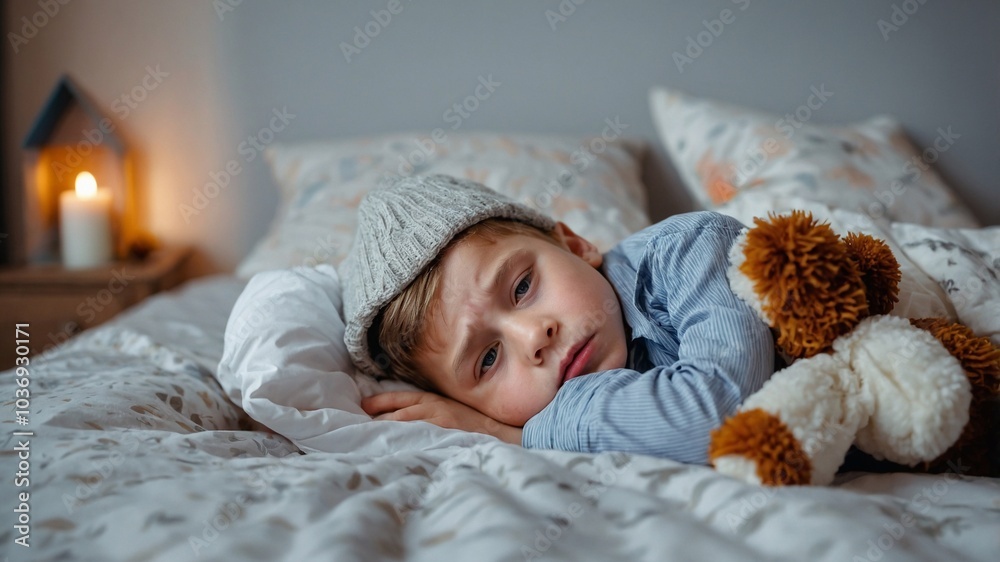 Boy lying in bed with a cold. Child sick, sad little boy with fever ...