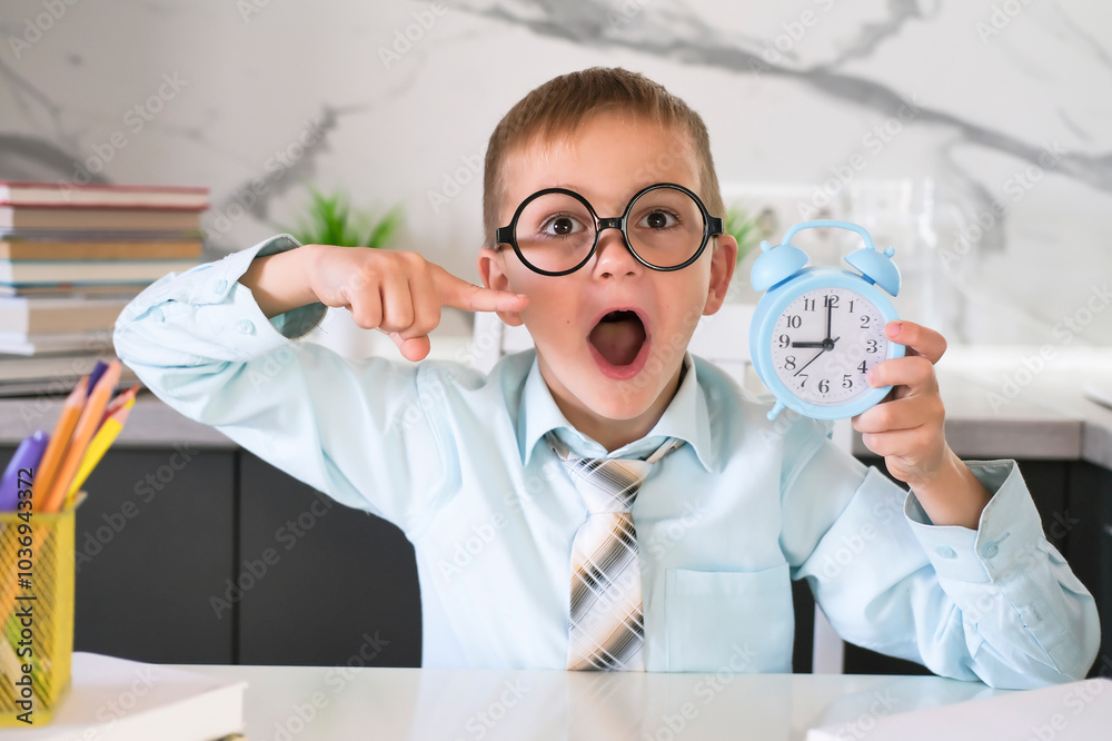 Schoolboy with big eyes and glasses in shirt and tie with an alarm ...