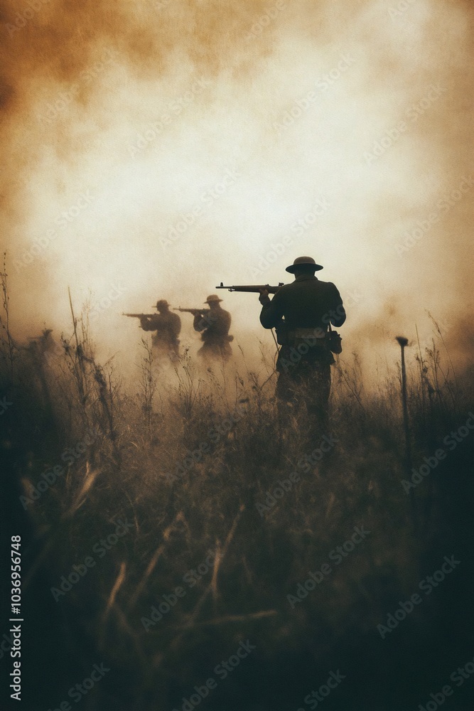The fog of war obscures the battlefield, as soldiers engage in a ...