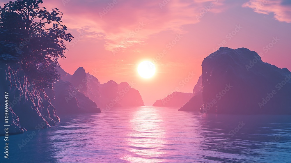 Spiritual zen wallpaper with a futuristic landscape of cliffs and water ...