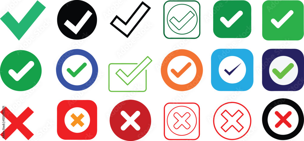 yes or no checkmark icon button set. correct and incorrect sign or check mark with green tick ...