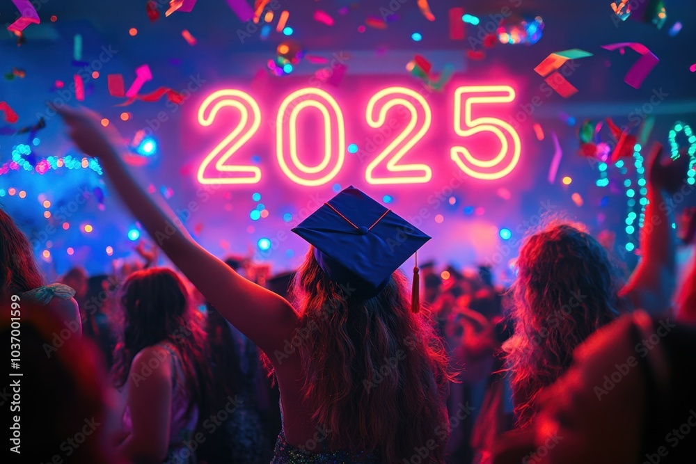 Neon "2025" with caps flying and students cheering under colorful party ...