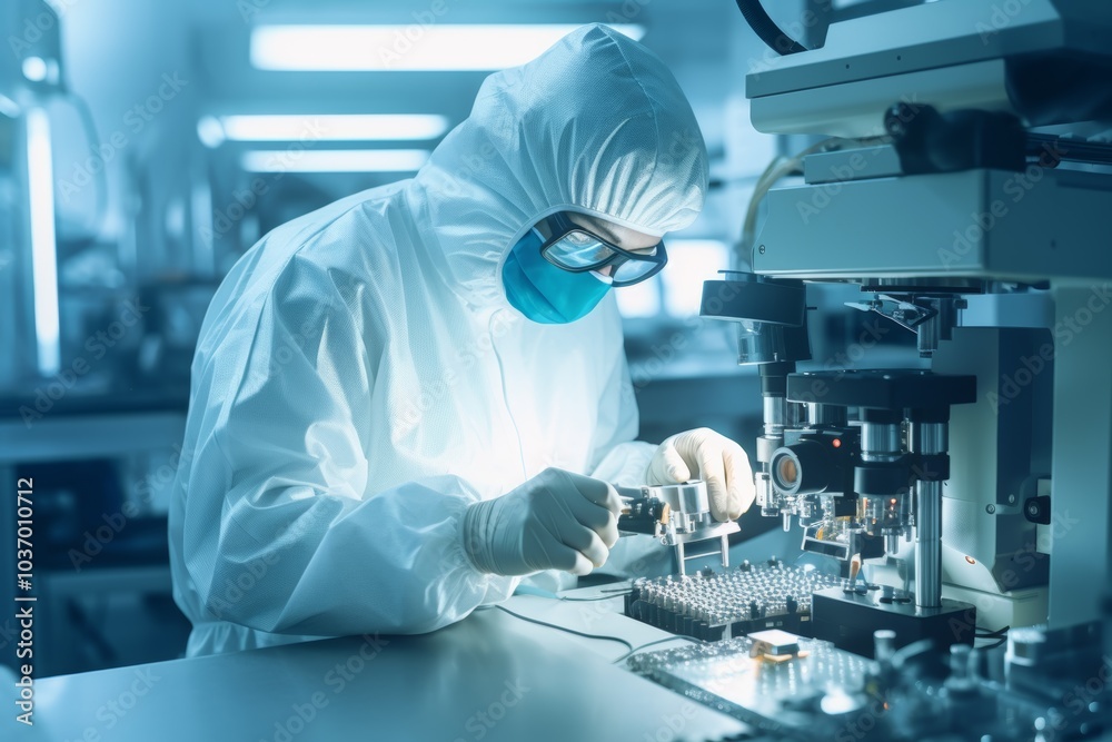 Research factory cleanroom engineer performing precise tasks in a high ...