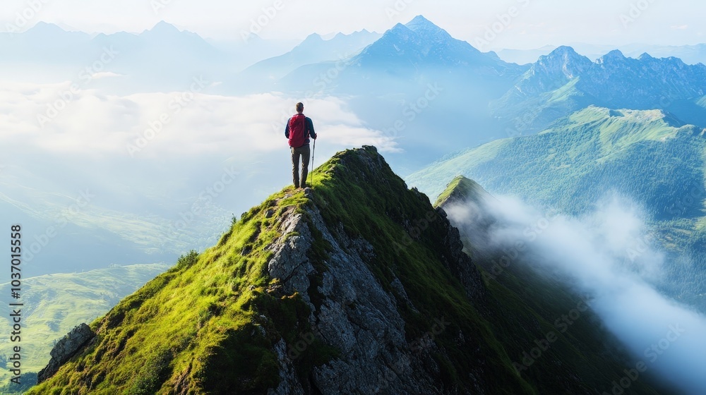 Foto de Stock Conquering New Heights: A Solitary Figure Embraces Nature ... Foto de Stock Conquering New Heights: A Solitary Figure Embraces Nature ...