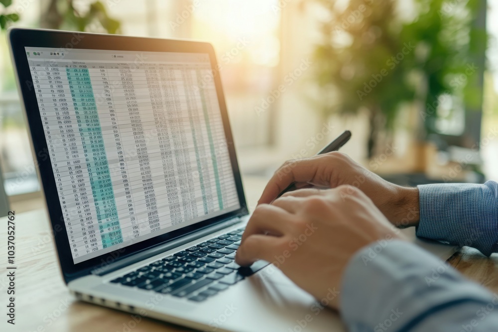 Working on laptop with data spreadsheet Stock Photo | Adobe Stock