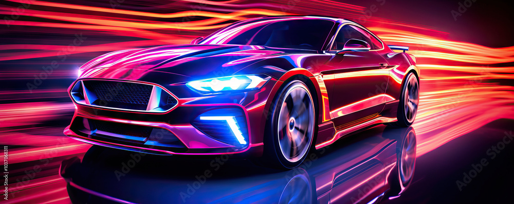 Powerful generic race car speeding on track with motion lines to show ...