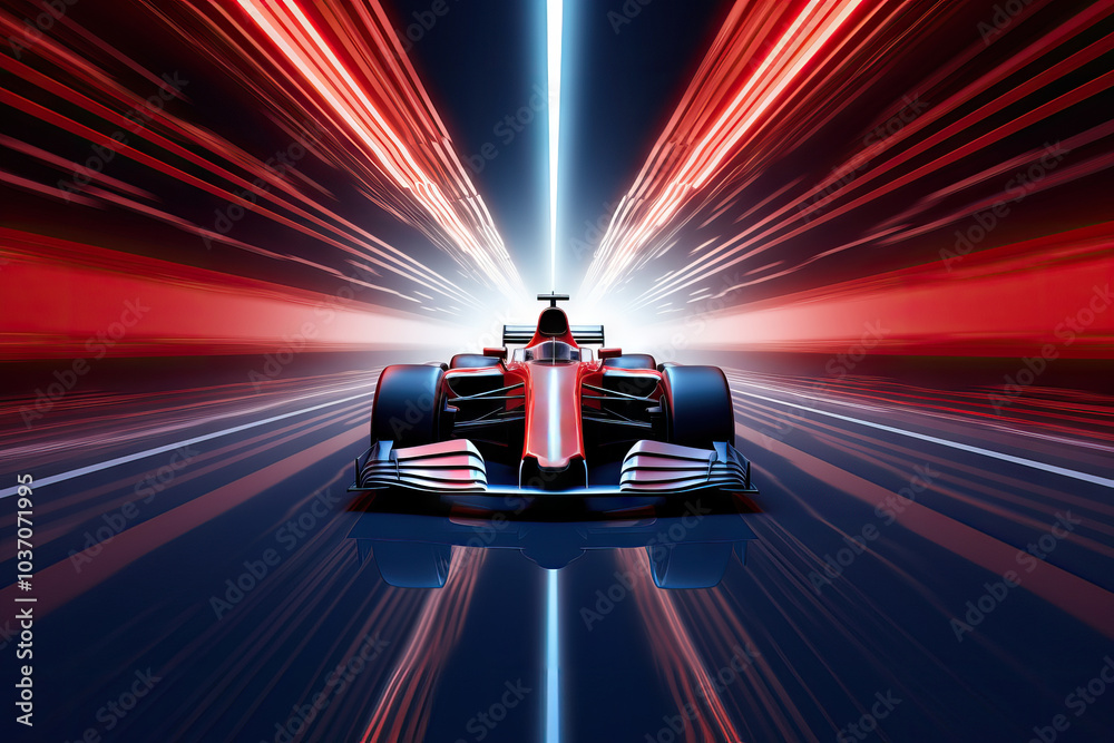 Powerful generic race car speeding on track with motion lines to show ...