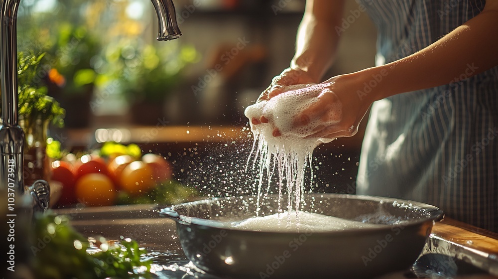 Foto de Stock Helper in an apron scrubbing a dirty pot in the kitchen ...