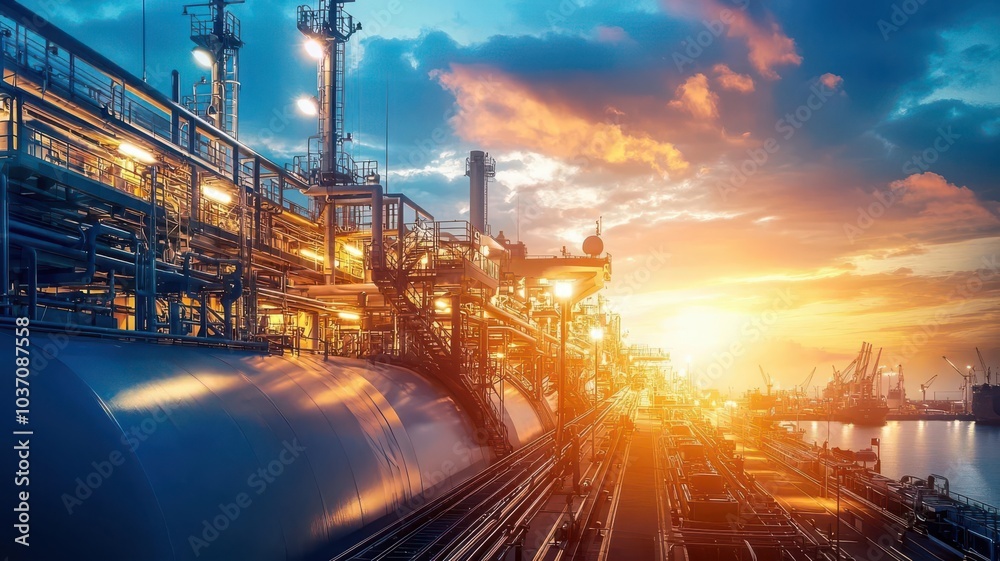 Fuel process technology concept. Liquid natural gas LNG tanker being loaded at port, intense ...