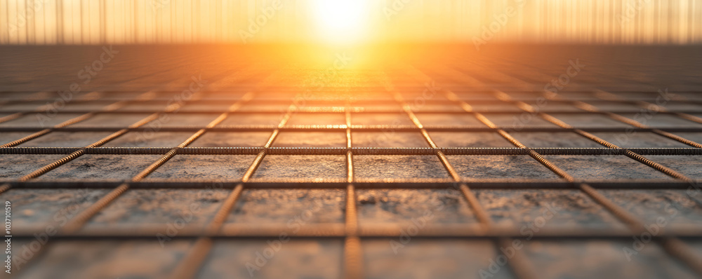Reinforcing steel bars mesh at construction site during sunset, forming ...