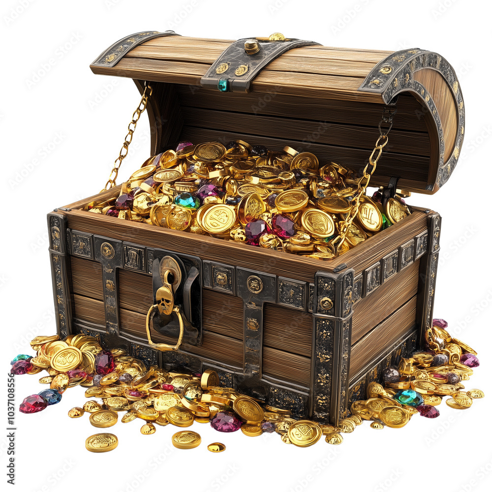 Treasure chest overflowing with gold coins, transparent background ...