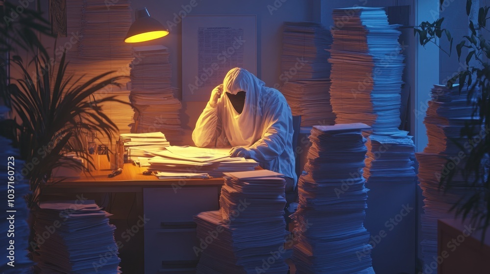 Ghost figure hunched over an office desk late at night, stacks of ...