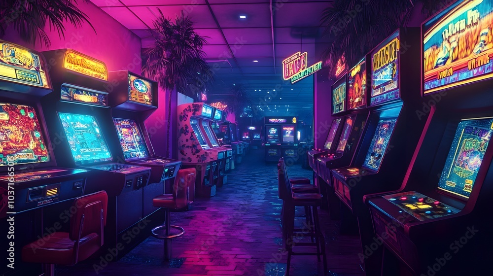 A vibrant arcade scene with classic games from the 80s mixed with ...