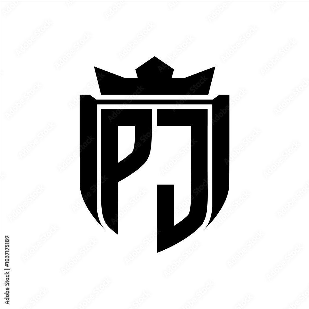 PJ Logo with shield shape inside shield badge crown on white background template design Stock ...