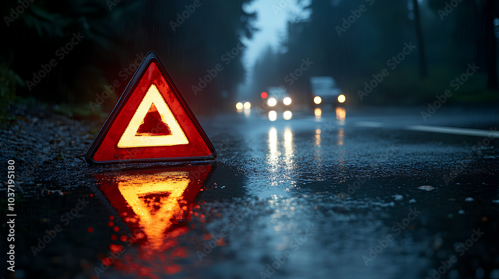 Rain soaked road reflecting the red light of an emergency triangle at ...