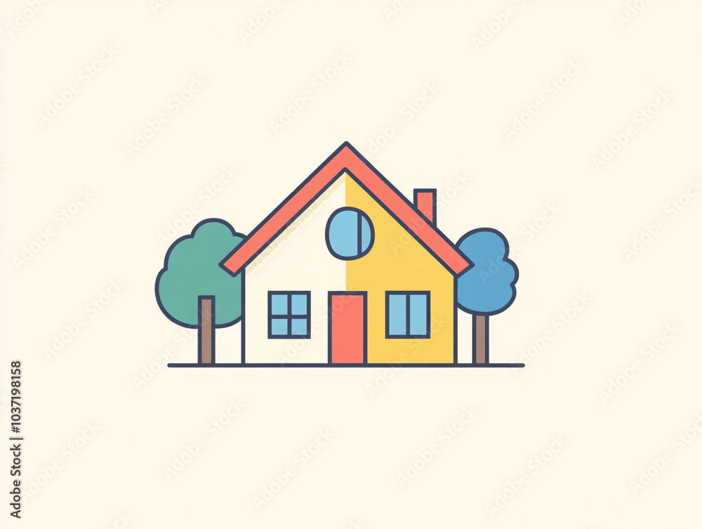 Flat logo of a simple house, minimal graphic design with a pastel color ...