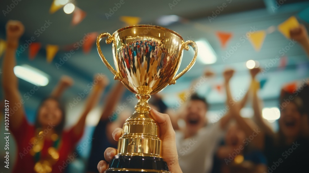 Shining golden trophy on display with a team celebrating in the blurred ...