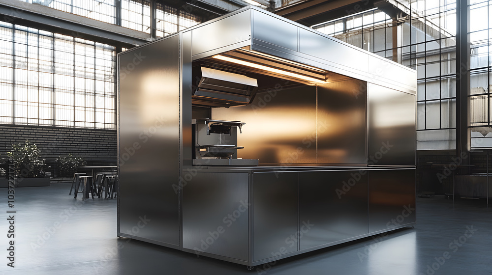 sleek metal cubicle used as food vendor stand, showcasing modern design ...