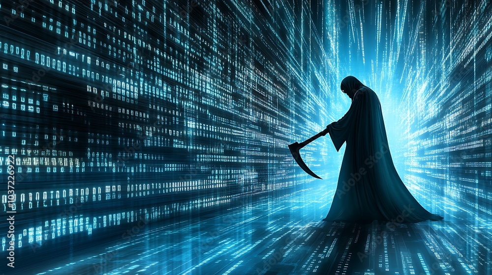 Grim Reaper with a scythe stands in a digital tunnel, symbolizing the ...