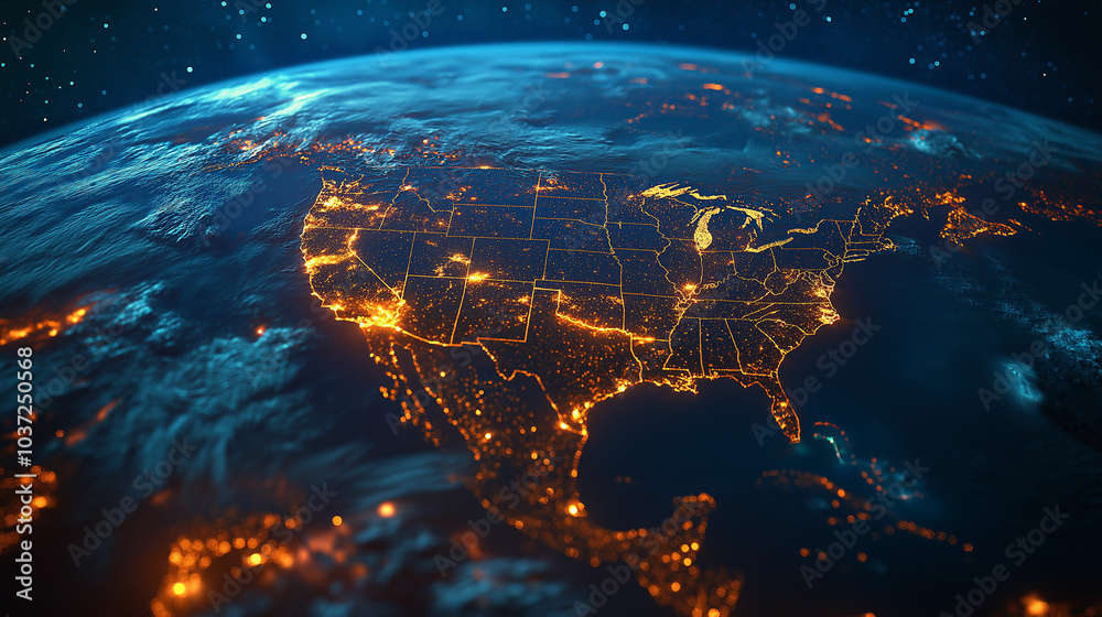 Glowing earth from space north America at night with city lights and ...