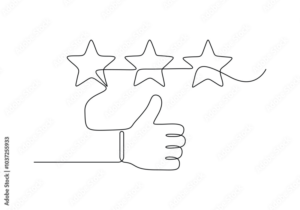 Rating stars continuous one line drawing with thumb up. Single line art ...