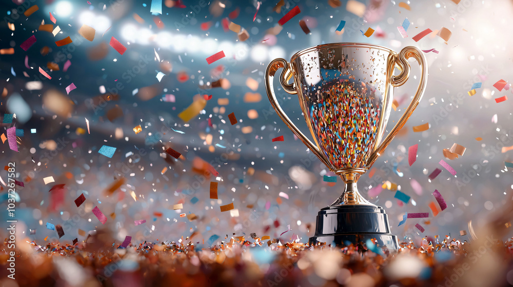 gleaming trophy cup stands proudly amidst shower of colorful confetti ...