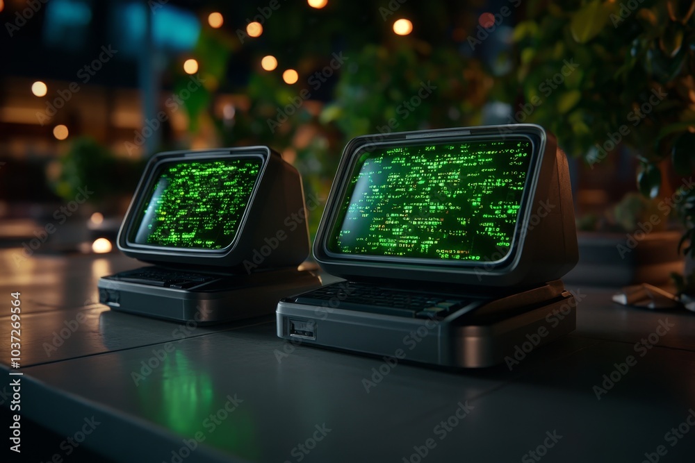 Black hat hacking, visualized in a retro style, with old-school ...