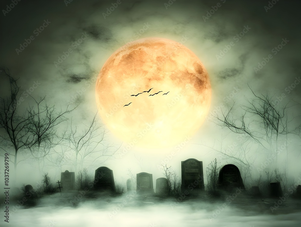 Haunting full moon illuminating a creepy graveyard ancient tombstones ...