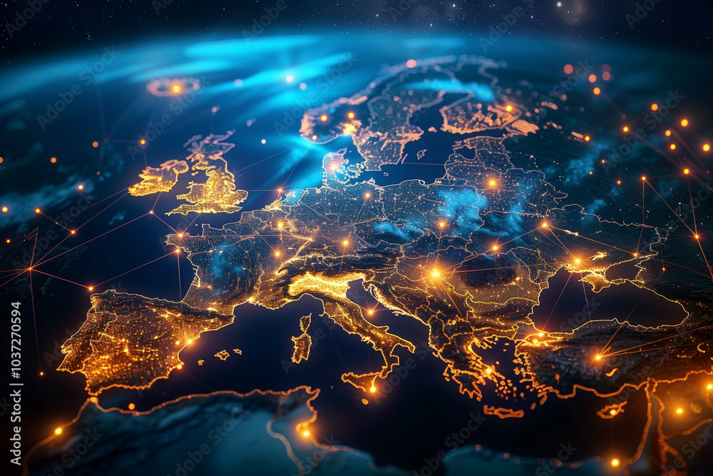 A digitally illuminated map of Europe with vibrant connection nodes ...