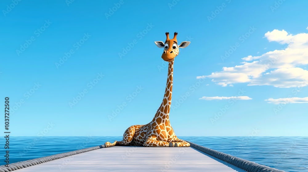 A cartoon giraffe relaxes on a dock above calm waters, under a clear ...