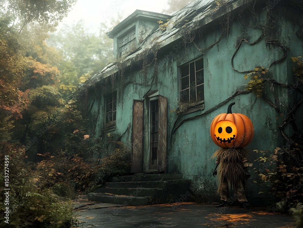 Abandoned and dilapidated mansion its windows boarded up and facade crumbling twisted vines and ...