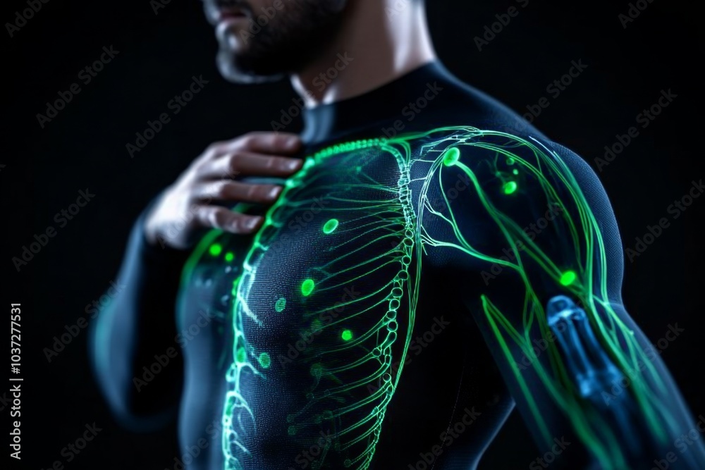 Lymphatic vessels, running through the arms and legs, with clear ...