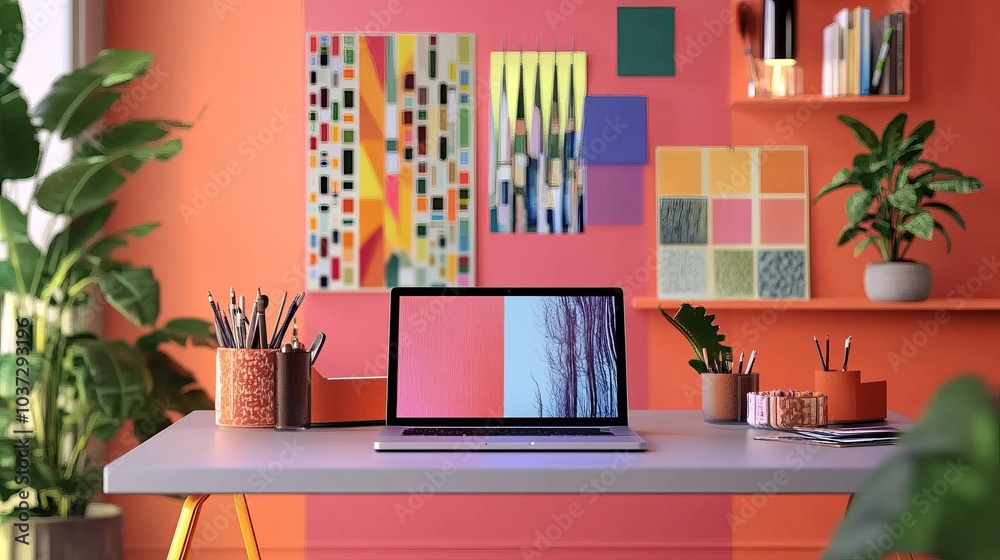 Interior designer workspace a laptop with architectural software, mood ...