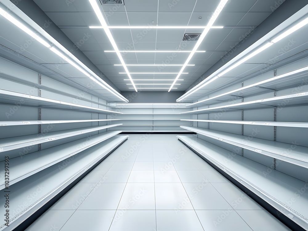 Empty white supermarket shelves. Post-apocalyptic grocery store mockup ...