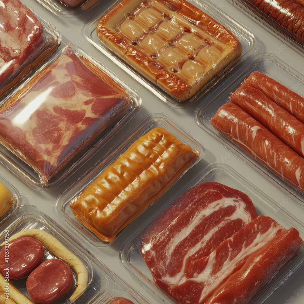 A selection of artificial meats in packaging, displayed from a top-down ...