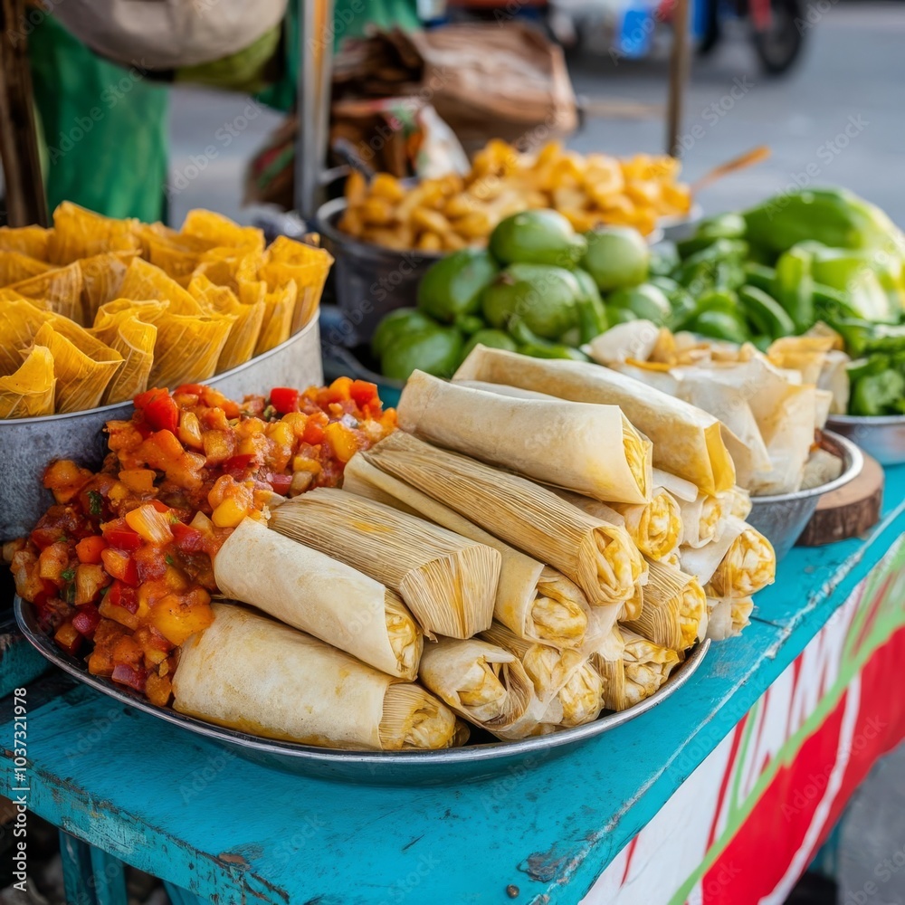 Street vendor with tamales stand, colorful setup, Mexican flavors ...