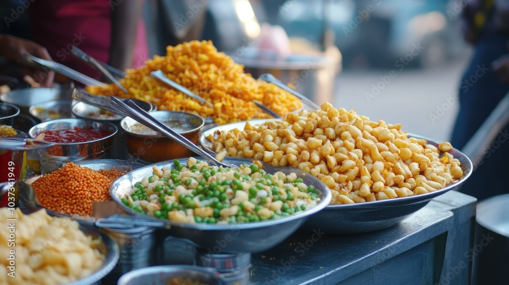 A vibrant chaat platter filled with pani puri, bhel puri, and sev puri ...