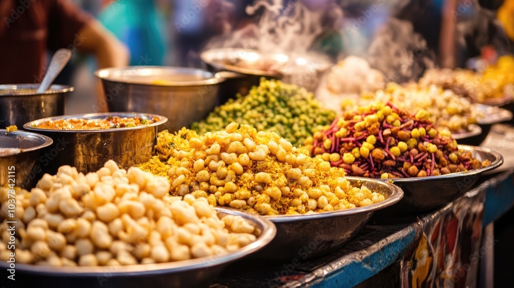 A vibrant chaat platter filled with pani puri, bhel puri, and sev puri ...