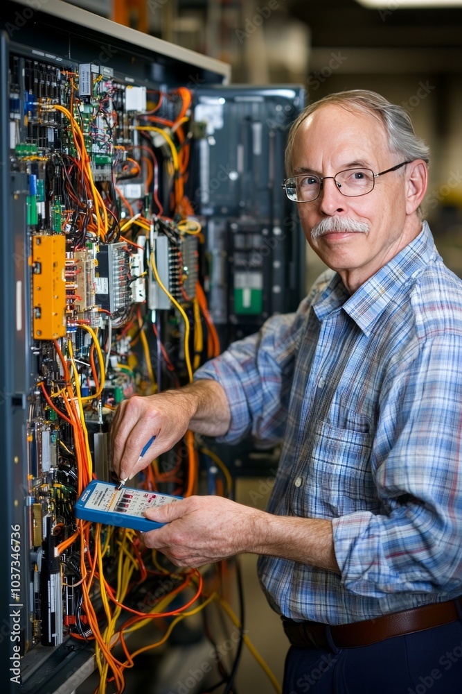 Ingeniero mayor reparando un panel electrónico lleno de cables de ...